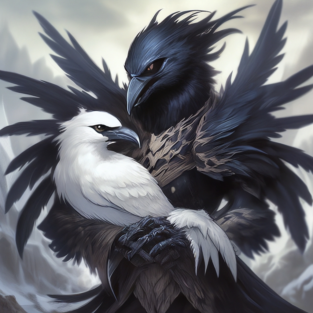 "A black raven in the form of a monster in feathers with claws holds a ...