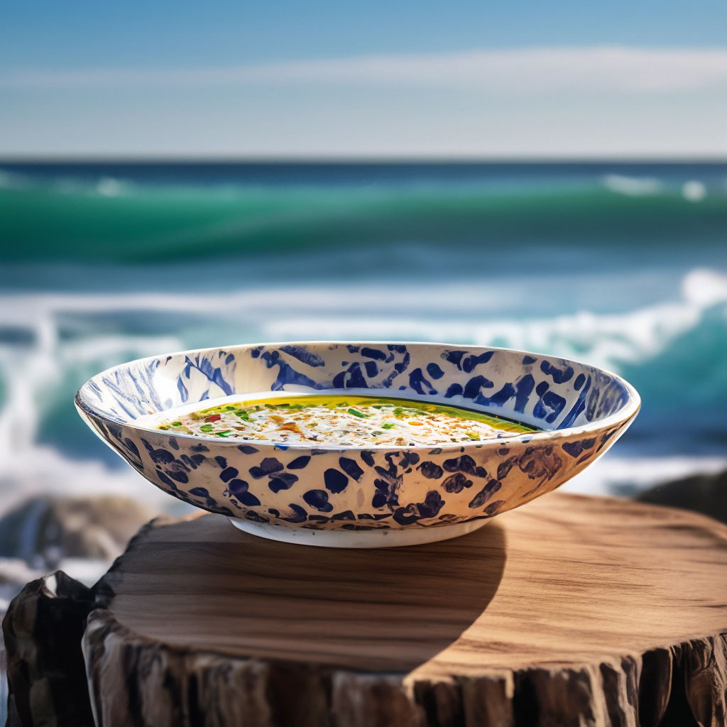 "A beautiful white patterned soup plate stands on a wooden stump and ...