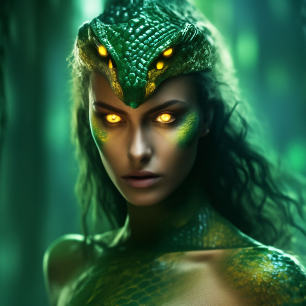 "Anthropomorphic snake woman, snake skin shimmers with emerald color ...