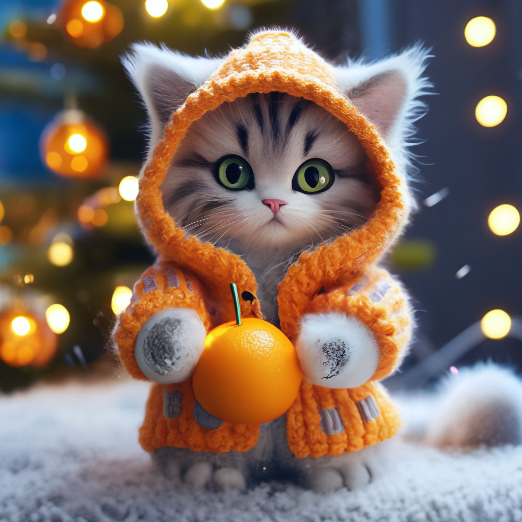 "Realistic little fluffy cat gamer, holding a small tangerine, big huge ...