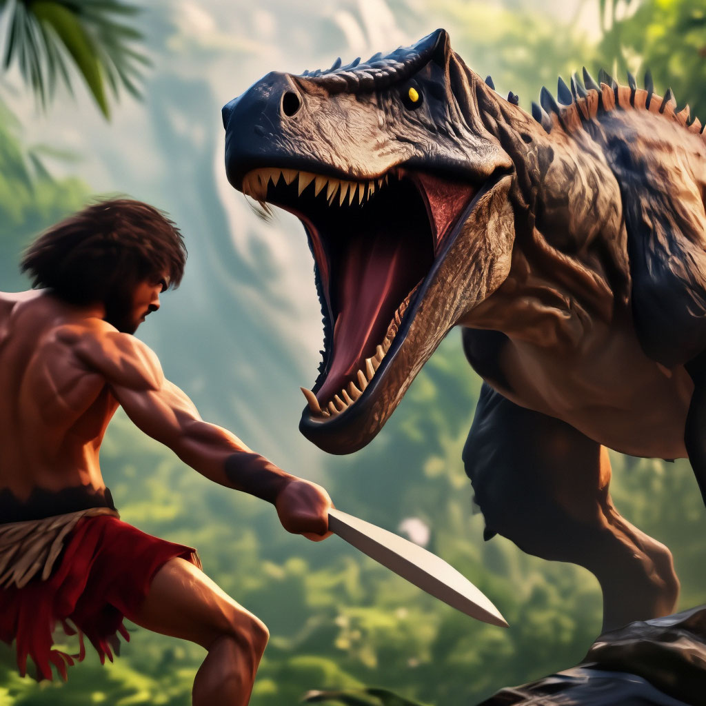 "A primitive man holds an axe in one hand, fights with a dinosaur in ...