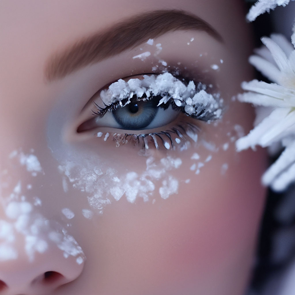 "Close-up of a girl, wearing a ring of white flowers, winter makeup ...