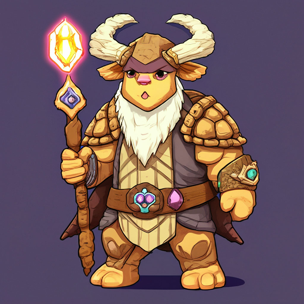 "Kayat Anthropomorphic bearded ram with a turtle shell holding a magic ...
