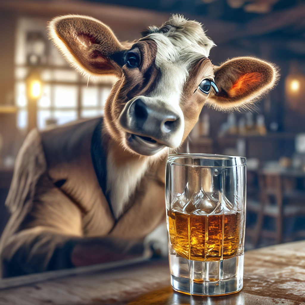 "Drunk cow with a glass of bourbon in her hand.,5D,ultra 4HD,horror ...