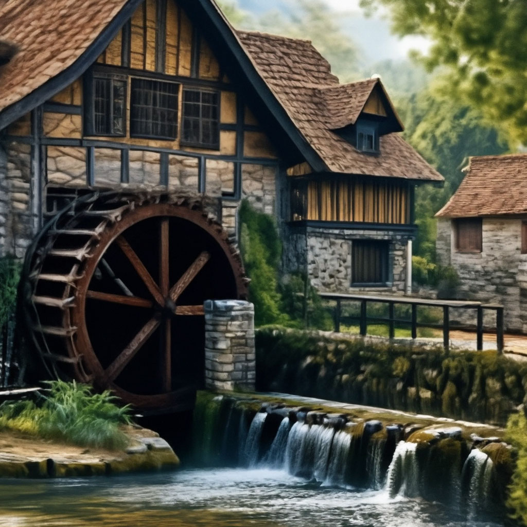 "Watermill on the outskirts of a medieval village, aesthetically ...