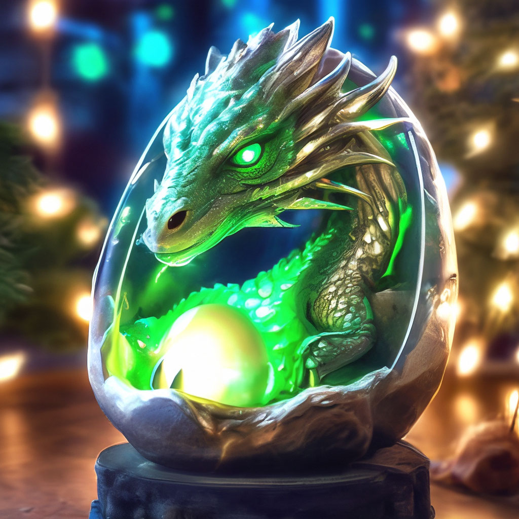 "A huge dragon egg transparent embryo of a dragon glows green eyes big ...