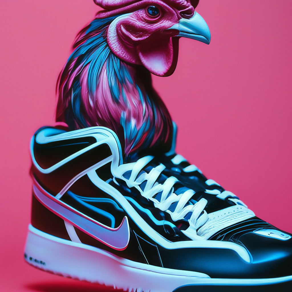 "A rooster in nike sneakers on a pink background" — image created in ...