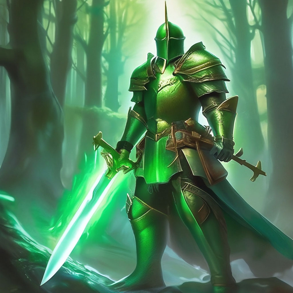 "Knight with the legendary green sword" — image created in Shedevrum
