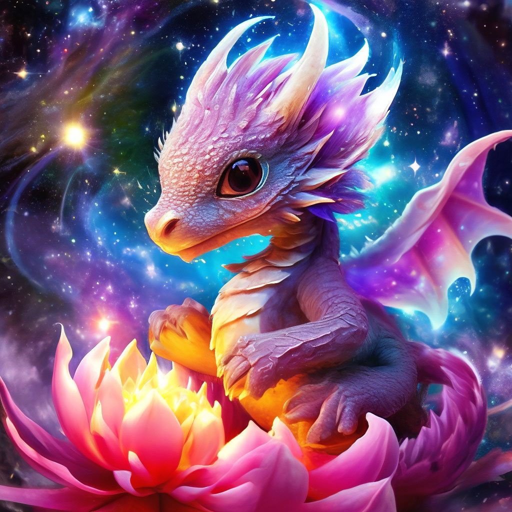 "Baby Dragon in lush rafflesia +universe, outer space, time vortex ...