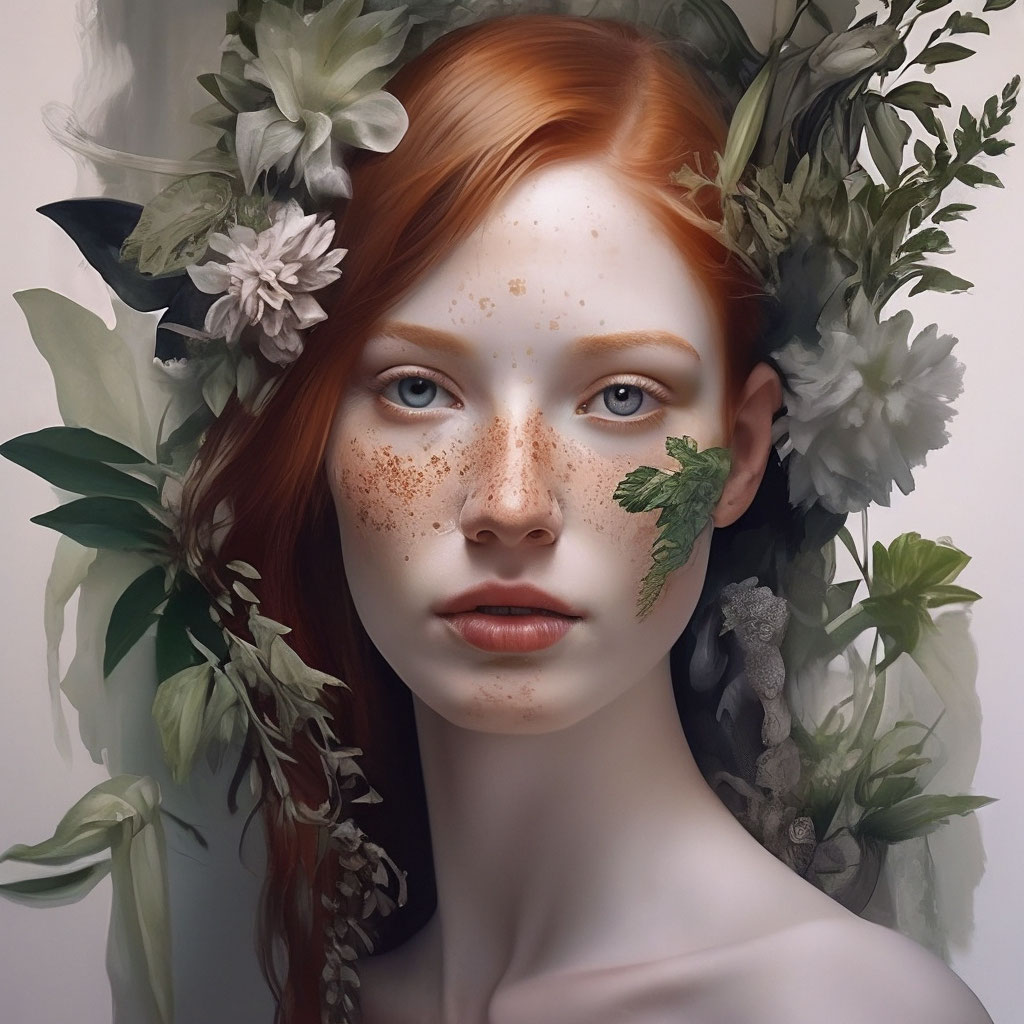 "Portrait lady pale freckles hair flora fauna dark Detailed drawing ...