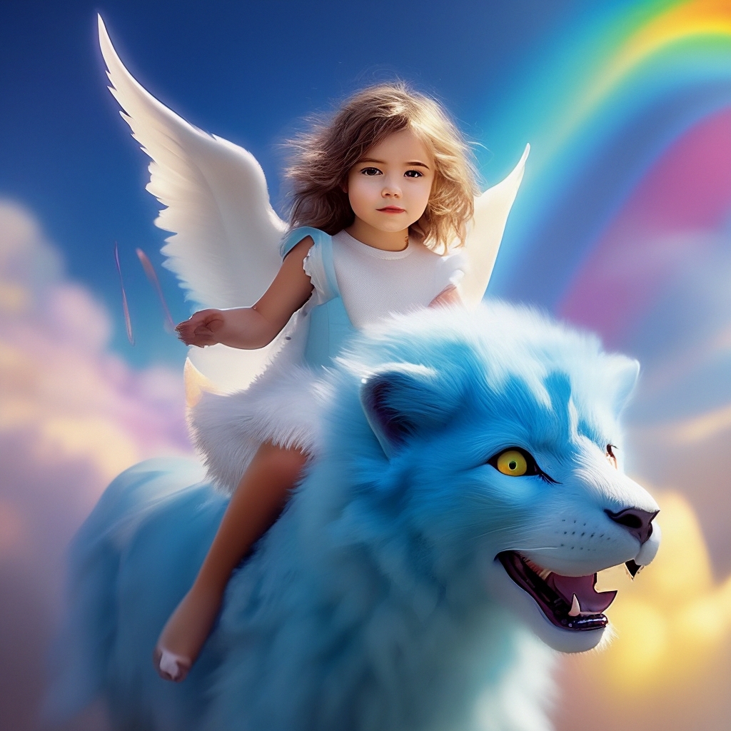 "A little angel with blue eyes on an airy rainbow cloud, riding a ...