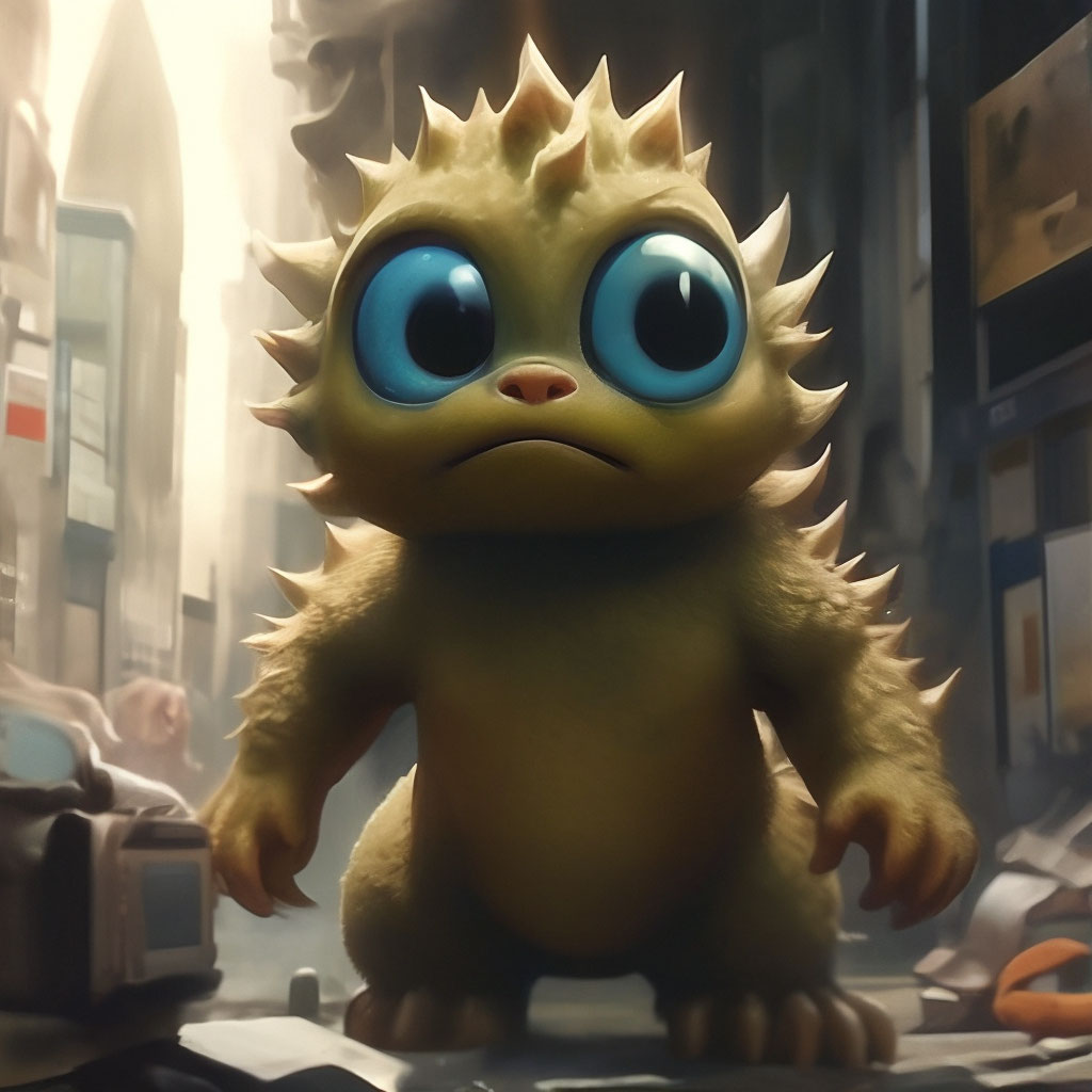 "Very cute with big godzilla eyes, hyperrealism," — image created in ...