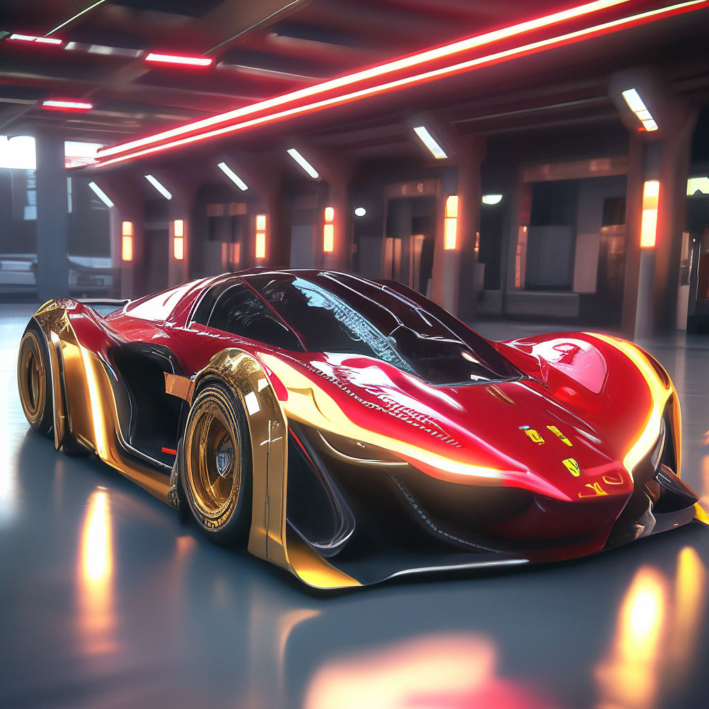 "A superfast Red and gold streamlined Tesla cyber truck Fused with a ...
