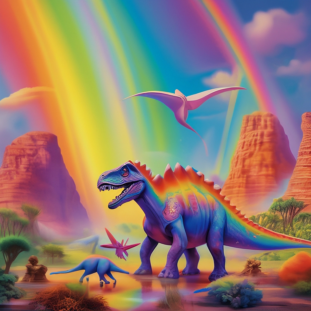 "The Rainbow World of Dinosaurs" — image created in Shedevrum