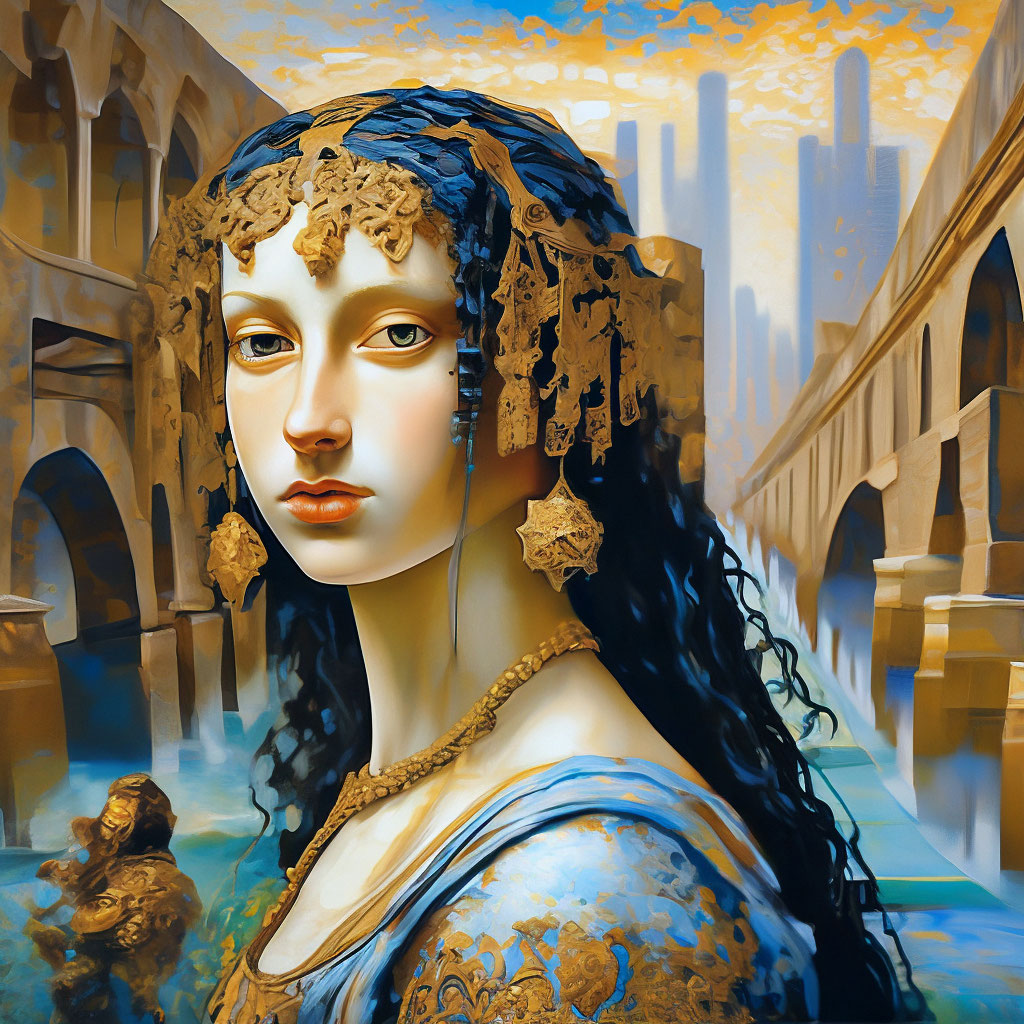 "Aqueduct .Girl. In the style of Leonardo da Vinci.oil painting ...