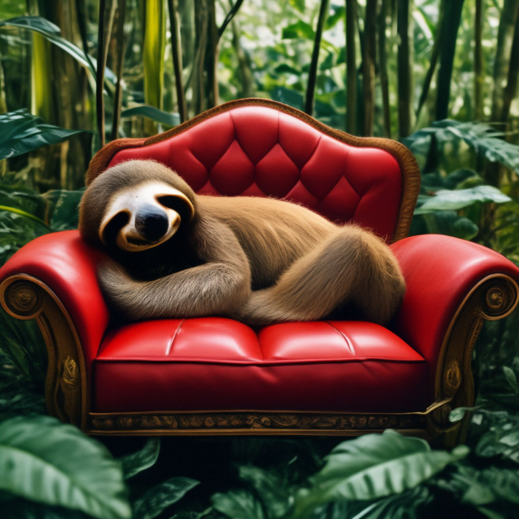 "Bright red sofa with a sloth sleeping on it in the middle of the ...