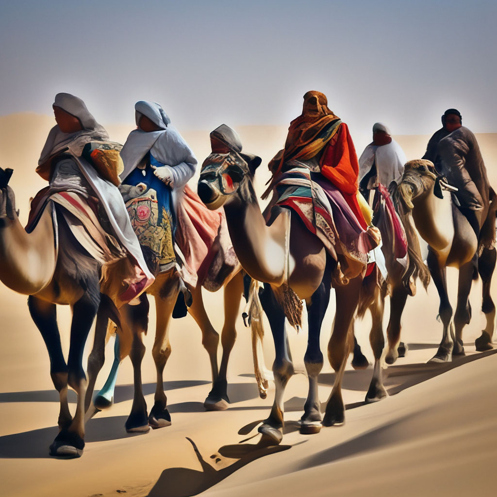 "Desert camels caravan east merchants traders" — image created in Shedevrum