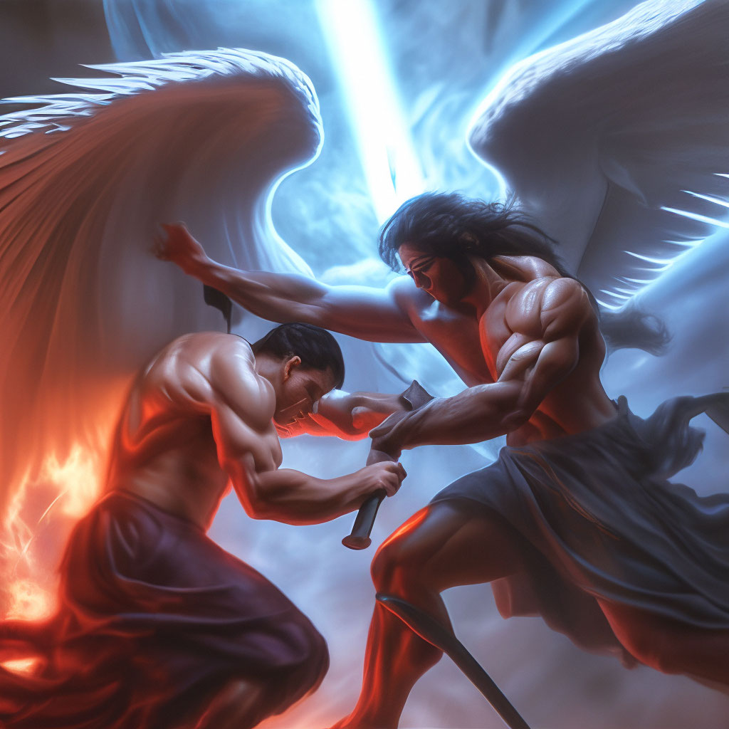"An angel fights with a demon for a human soul, high detail, realistic ...