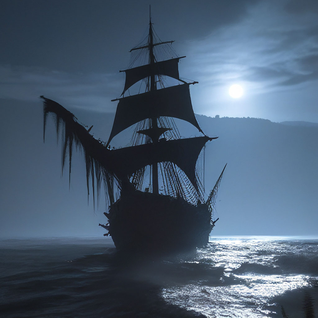 "Night. Sea.Moonlight. A black ghost ship is sailing. Dark silhouettes ...