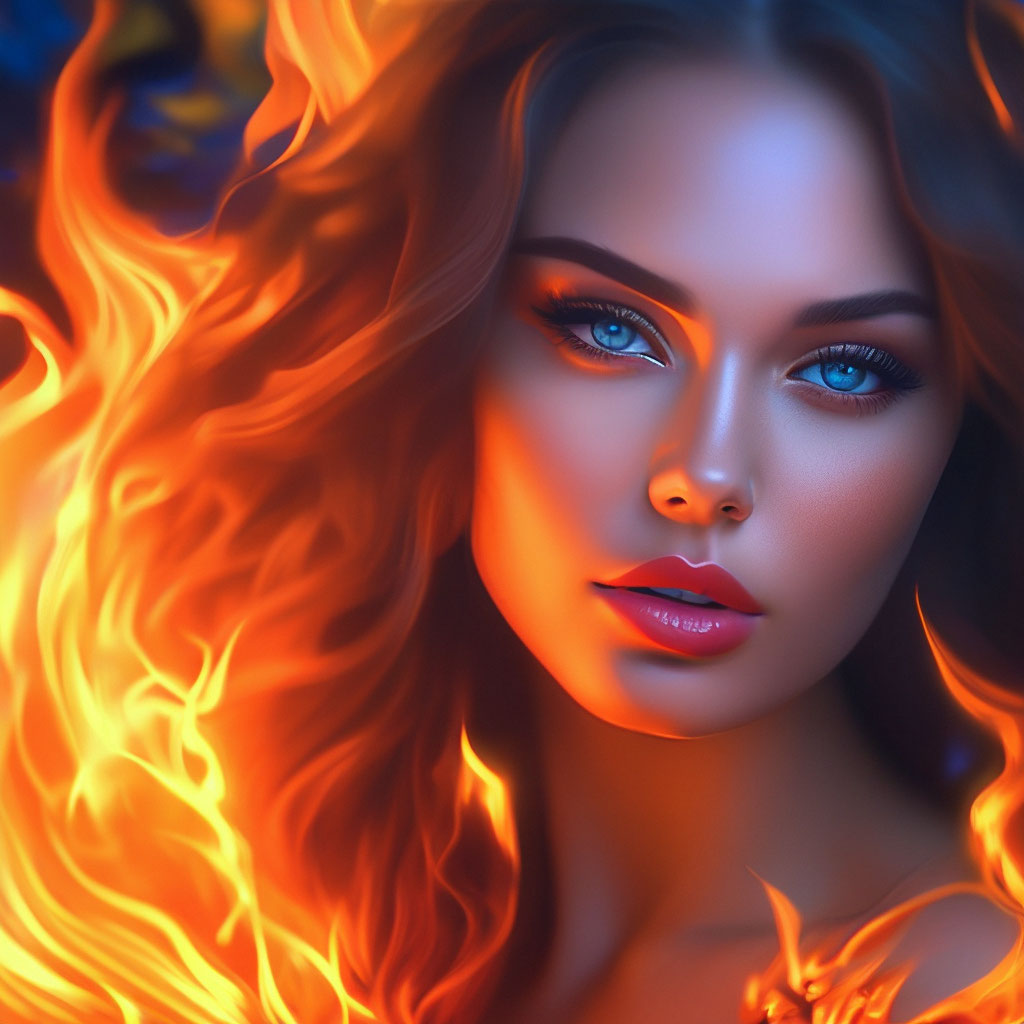 "Beautiful girl on fire elemental fire big eyes sensual lips lush ...