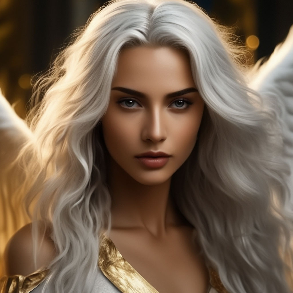 "Angels of light, a refined girl's face, golden threads are braided in ...