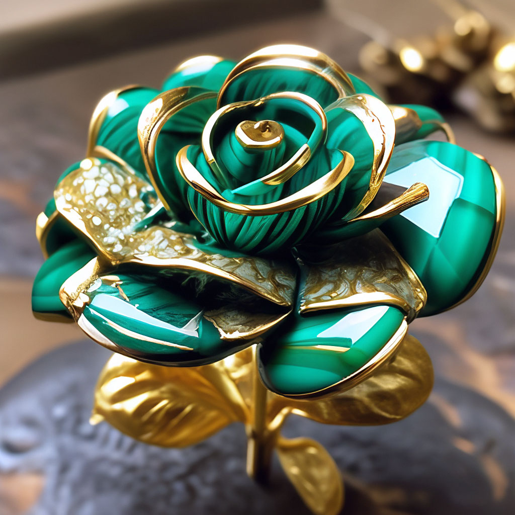 "Stone rose flower made of malachite and gold" — image created in Shedevrum