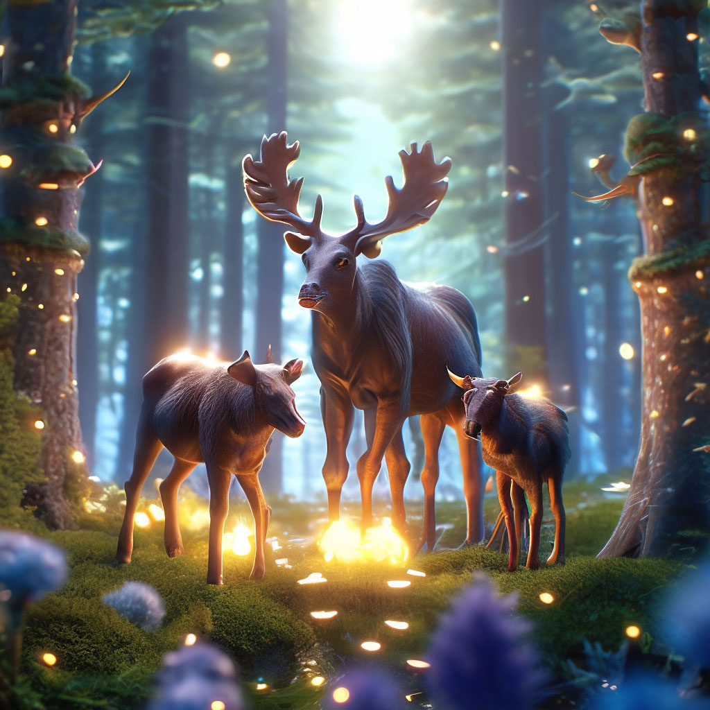 "Moose with his family in a beautiful fairy-tale forest translucent ...