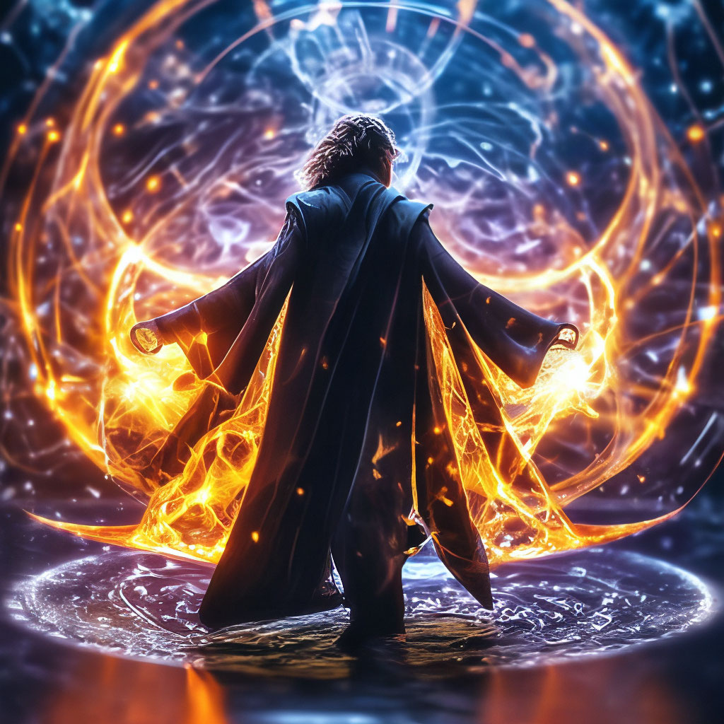 "Black magician a young man with long hair is spinning inside a magic ...
