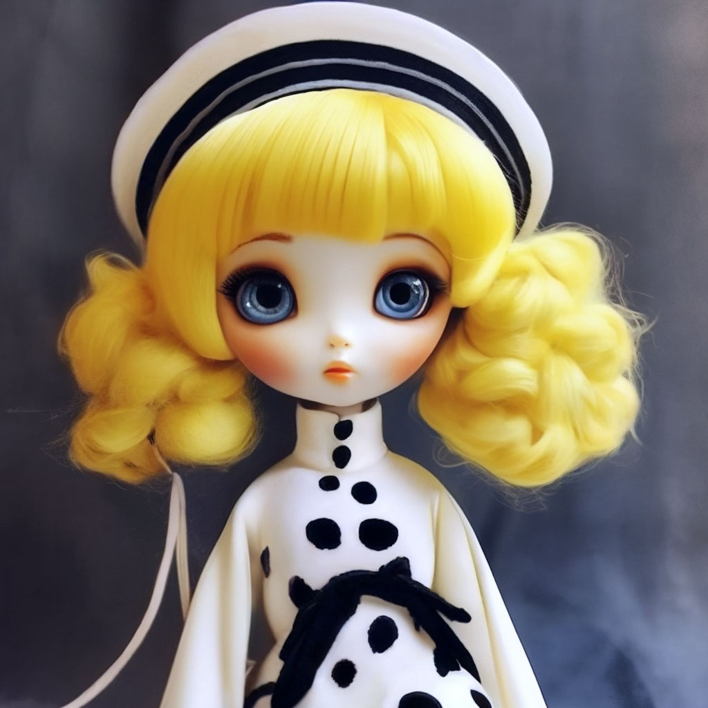 "A beautiful yellow doll with slightly yellowish curls pulled into two ...