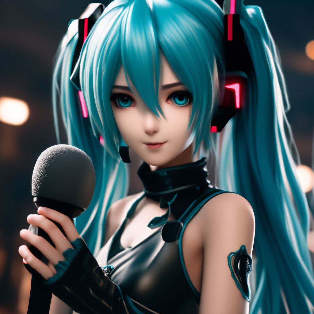 "Hatsune Miku with a microphone on stage" — image created in Shedevrum