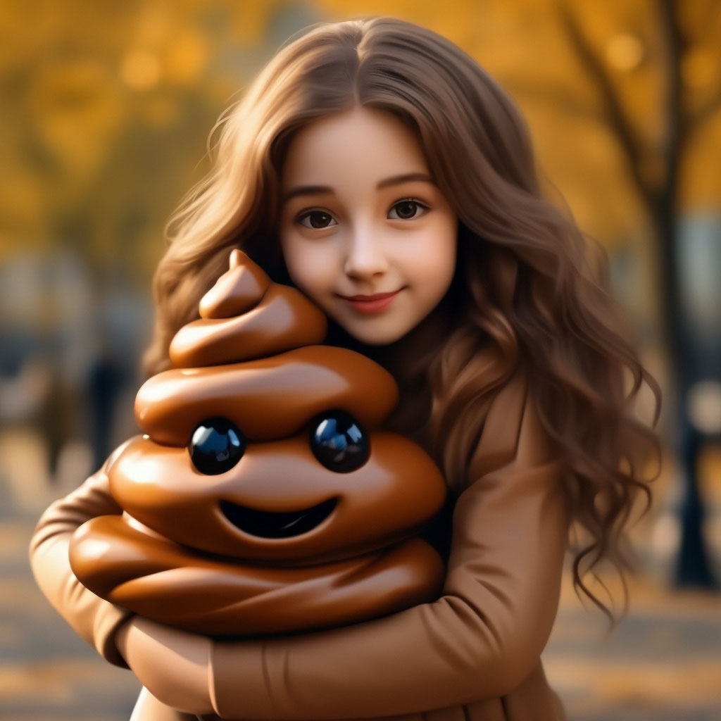 "Cute girl hugs cute poop, park, realistic" — image created in Shedevrum
