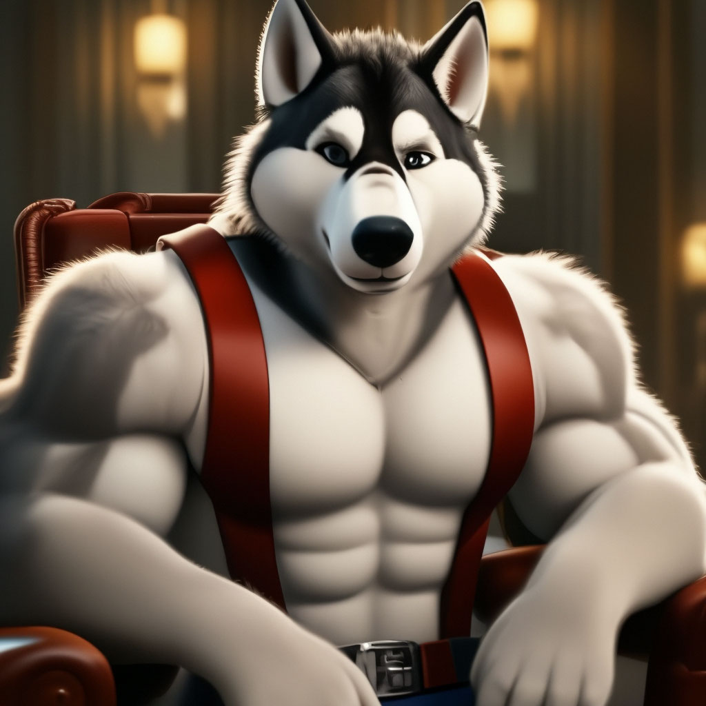 "Muscular anthropomorphic husky bodybuilder with a smile in a chair ...