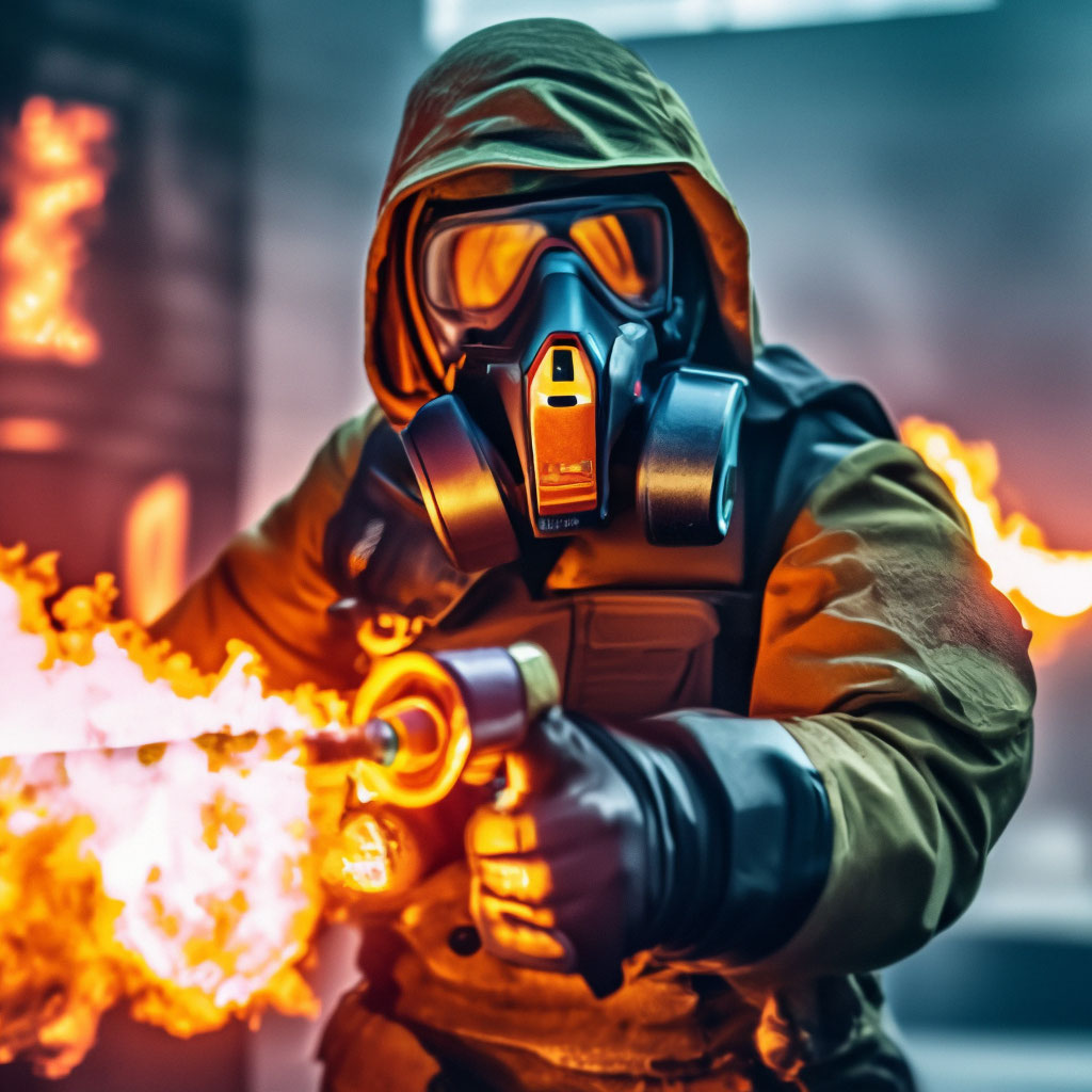 "Flamethrower in a gas mask burns barricades, beautiful, professional ...