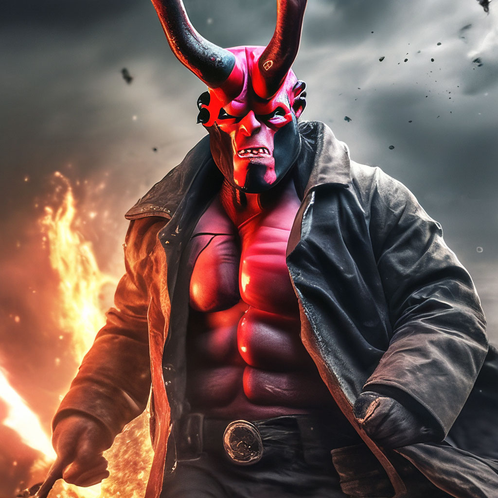 "Hellboy in motion, emotions, realistic, beautiful, professional photo ...