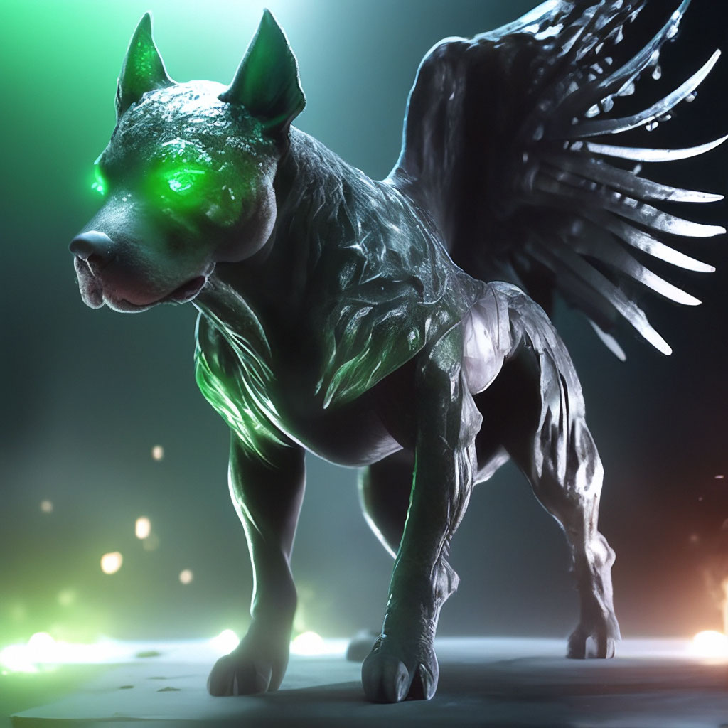 "Ghostly translucent light, atomic explosion, dog with eagle wings ...