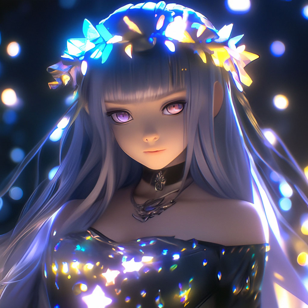 "Anime wreath girl with holographic skin color, unusual appearance ...