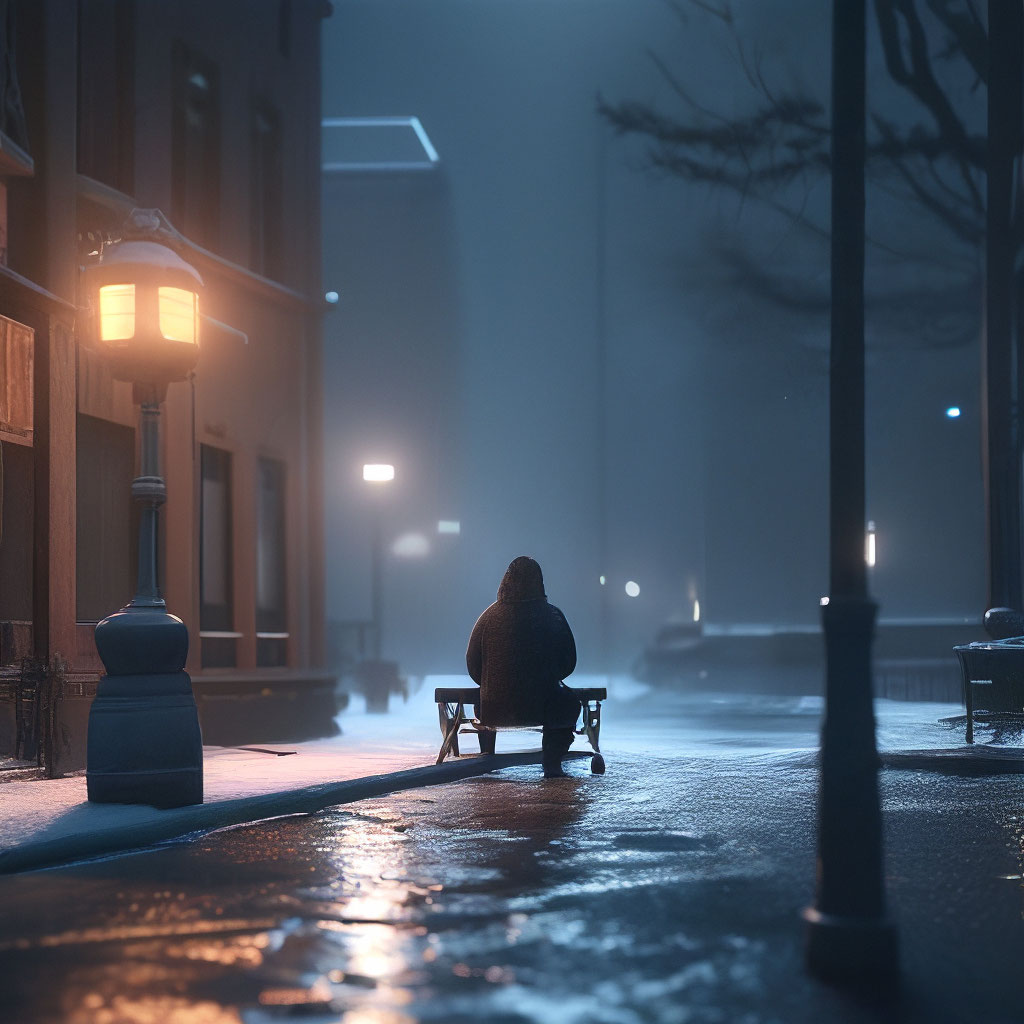 "Dark night, cold, dark, scary, a lonely person is sitting on the ...