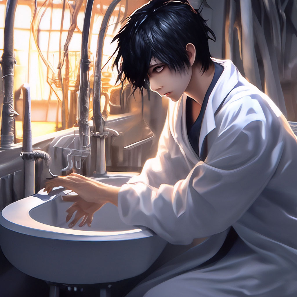 ︎ anime art, guy, black hair, white hospital gown, lean your hands on ...