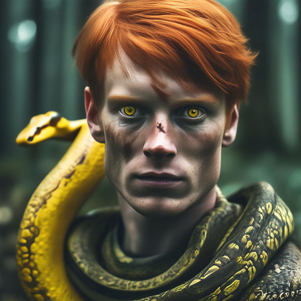 "A red-haired man with scars on his face and big yellow eyes + a big ...