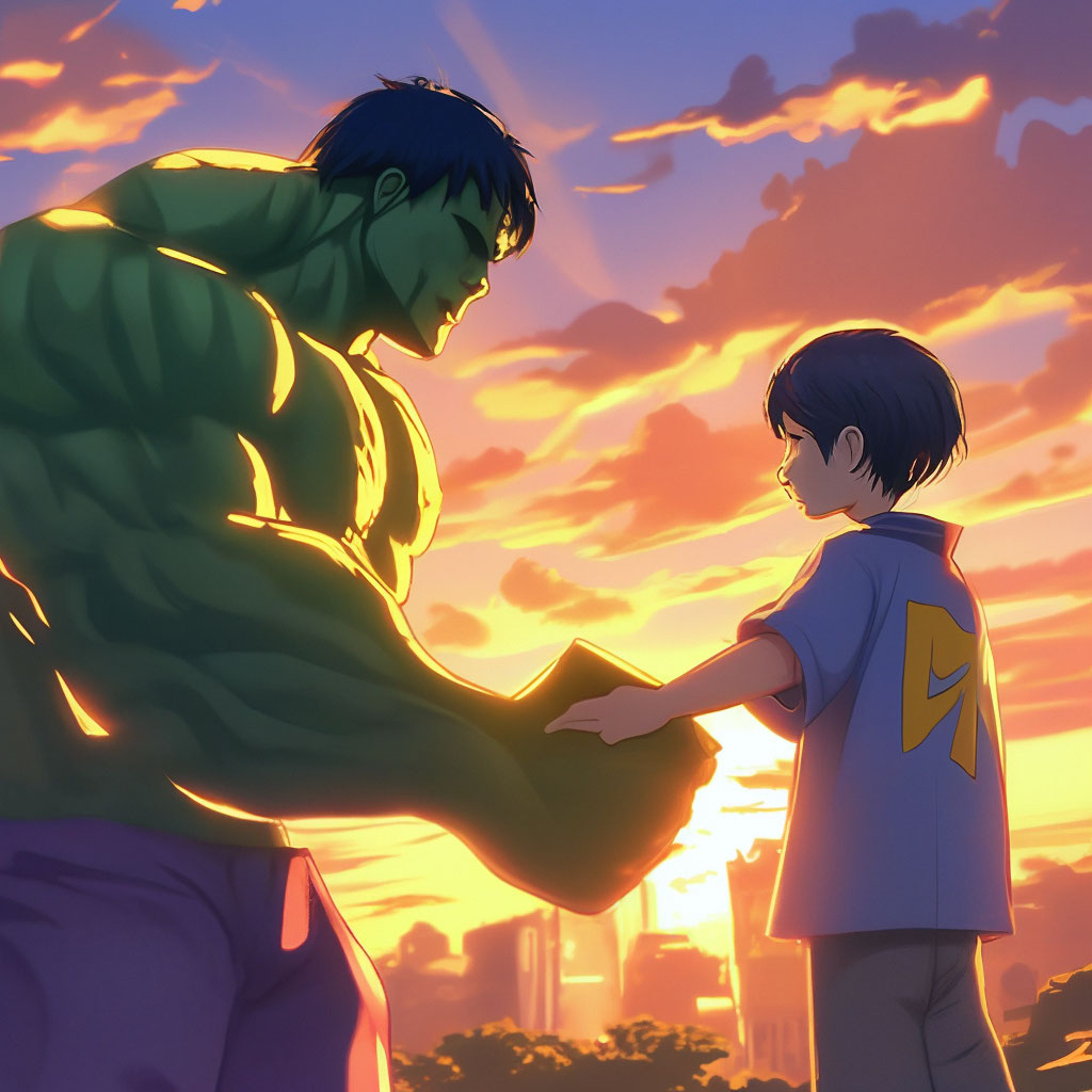"Anime hulk shakes hands with a boy" — image created in Shedevrum