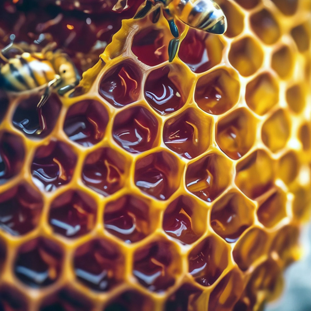 "Divinely realistic close-up, photorealism, bee honeycomb with honey ...