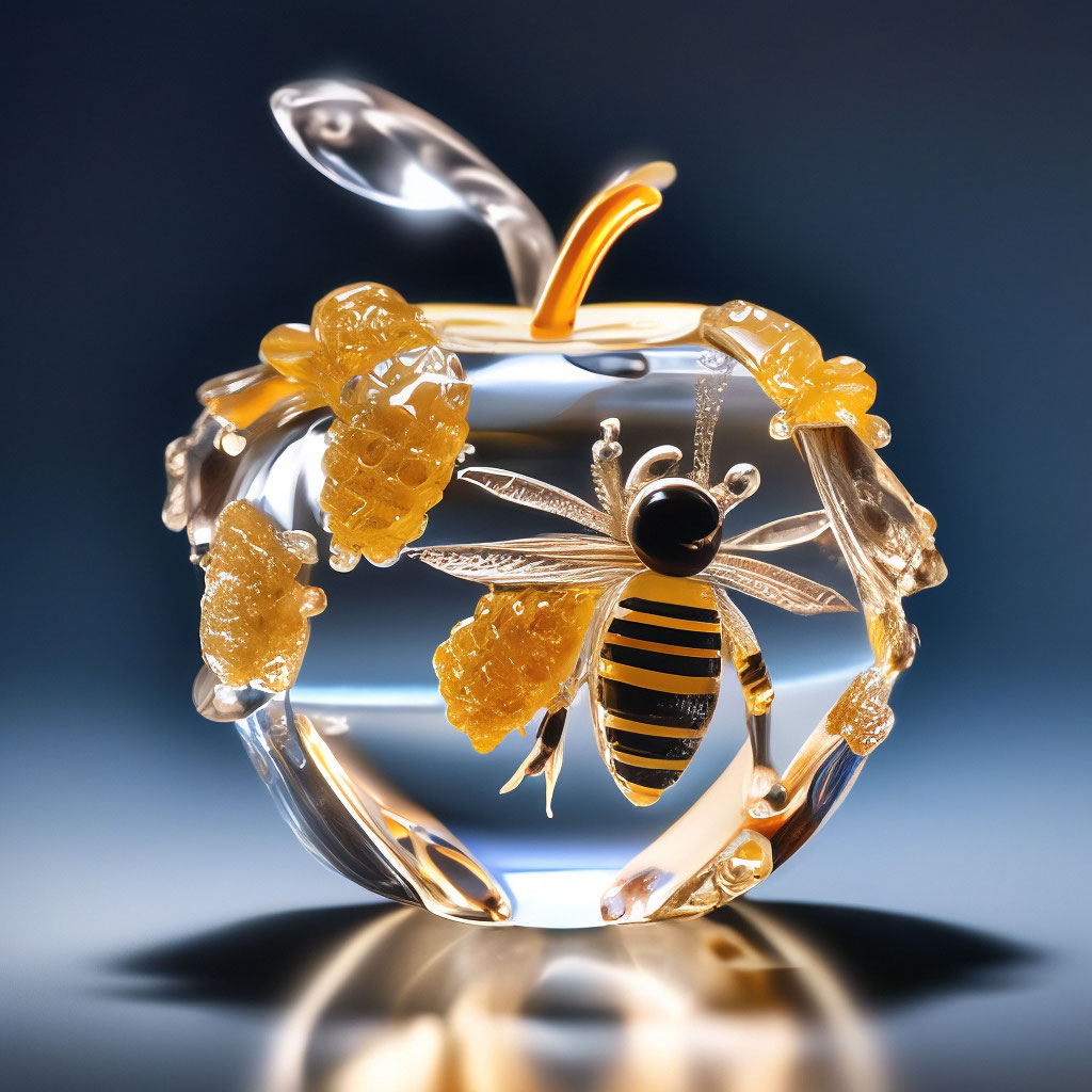 "Crystal apple with bees inside" — image created in Shedevrum
