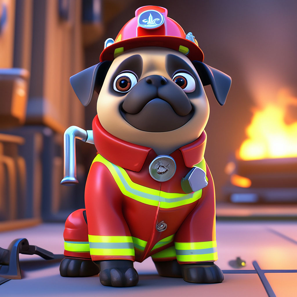 "Pug fireman, Pixar's style" — image created in Shedevrum