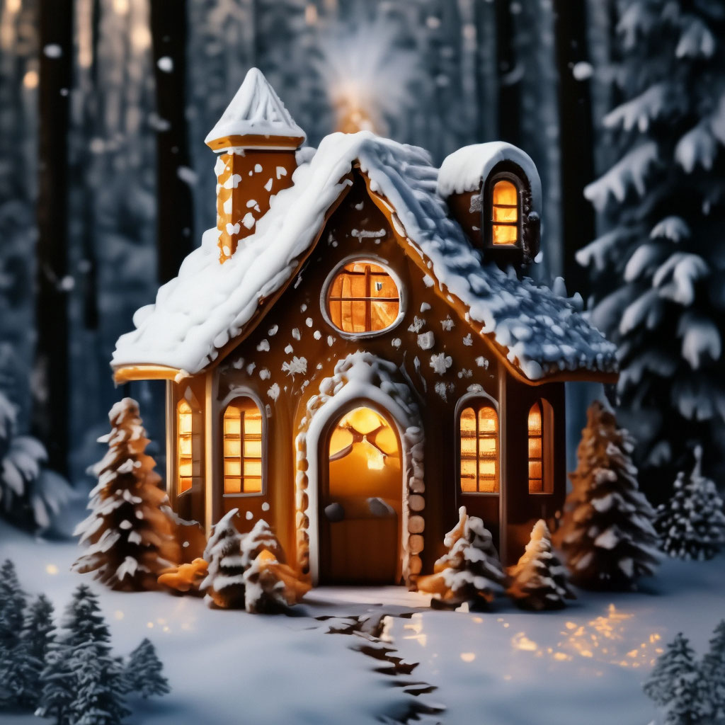 "Gingerbread house. In the winter forest" — image created in Shedevrum