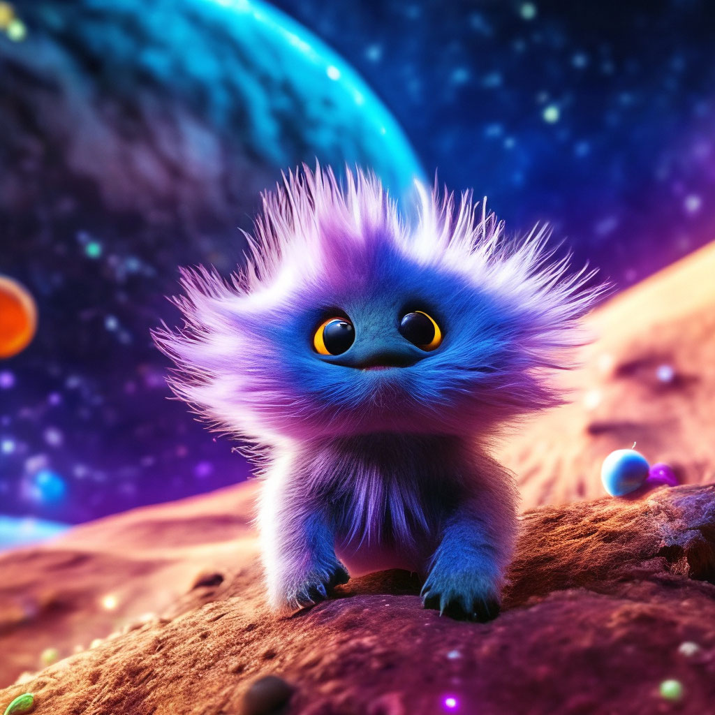 "🌿 A cute little hairy creature in space made of planets, star dust ...