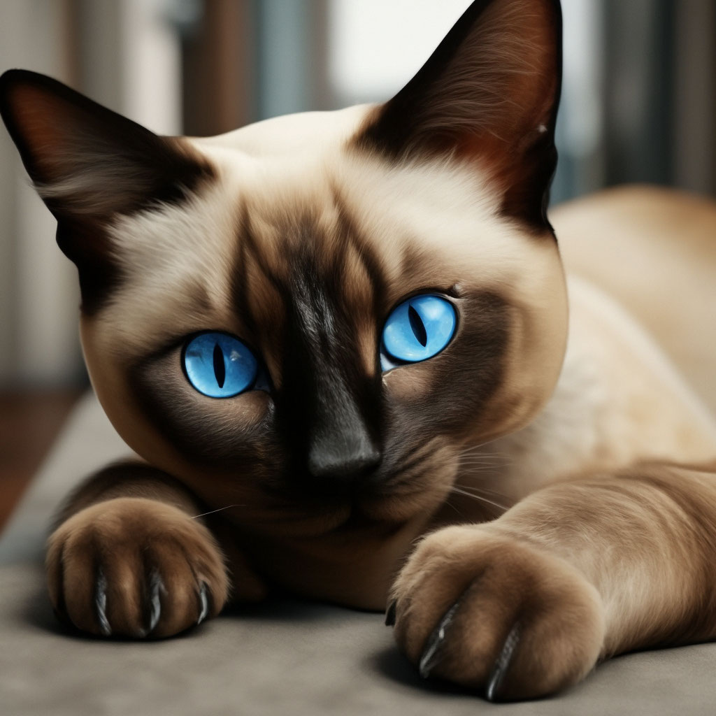 "The Siamese cat is lying on its side with a paw under its head, sky ...