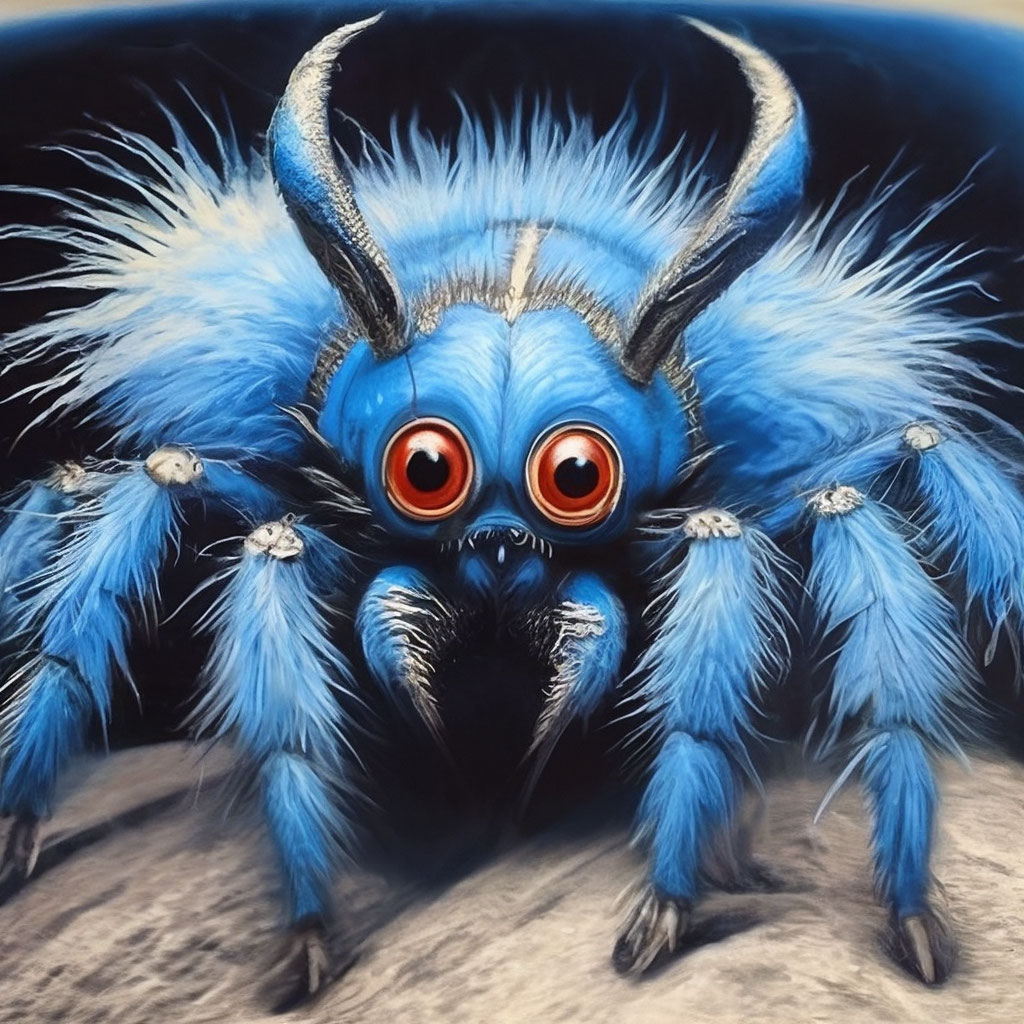 "STRANGE INSECTS blue furry spider, with horns, large, oblique eyes ...