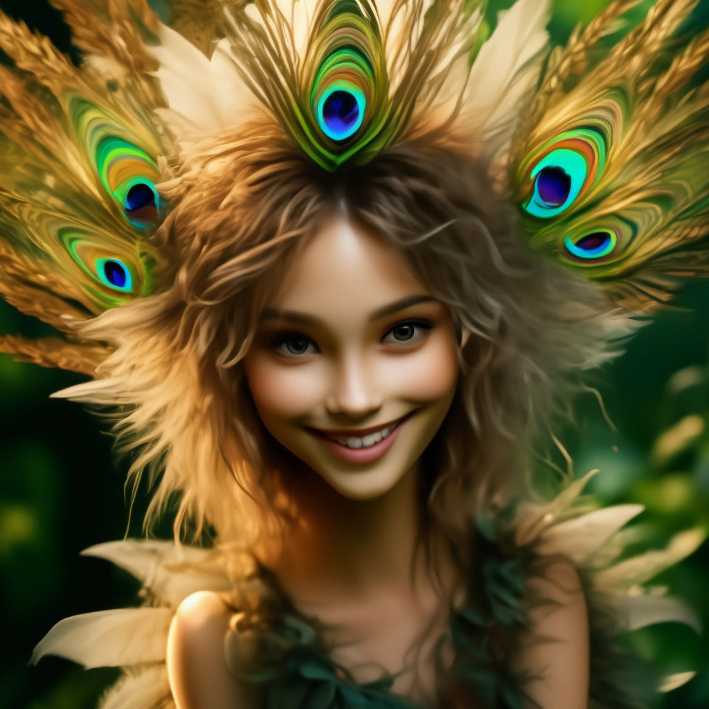"Fluffy fairy creature Pixie Fairy, peacock feathers, ironic smile ...