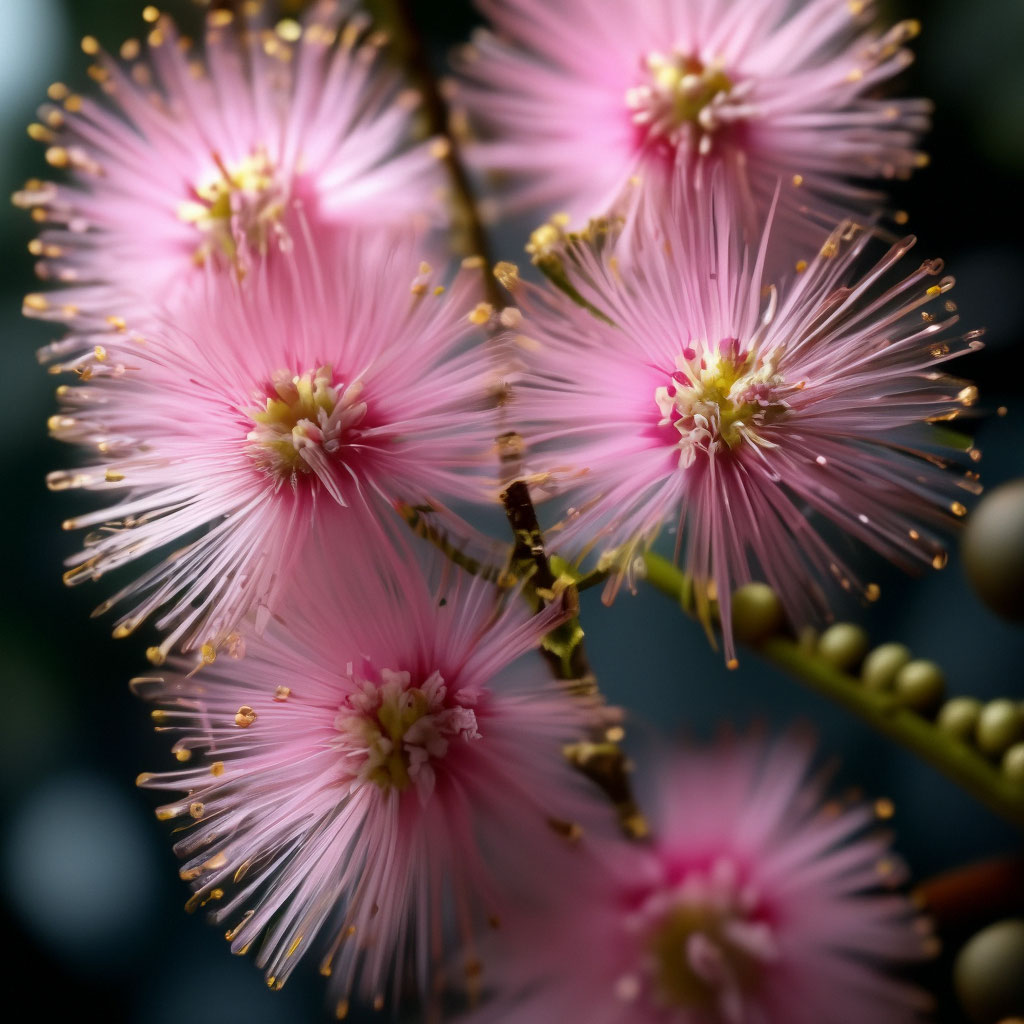 "Shy pink mimosa, flowers on a branch, dew, professional photo, 3d ...