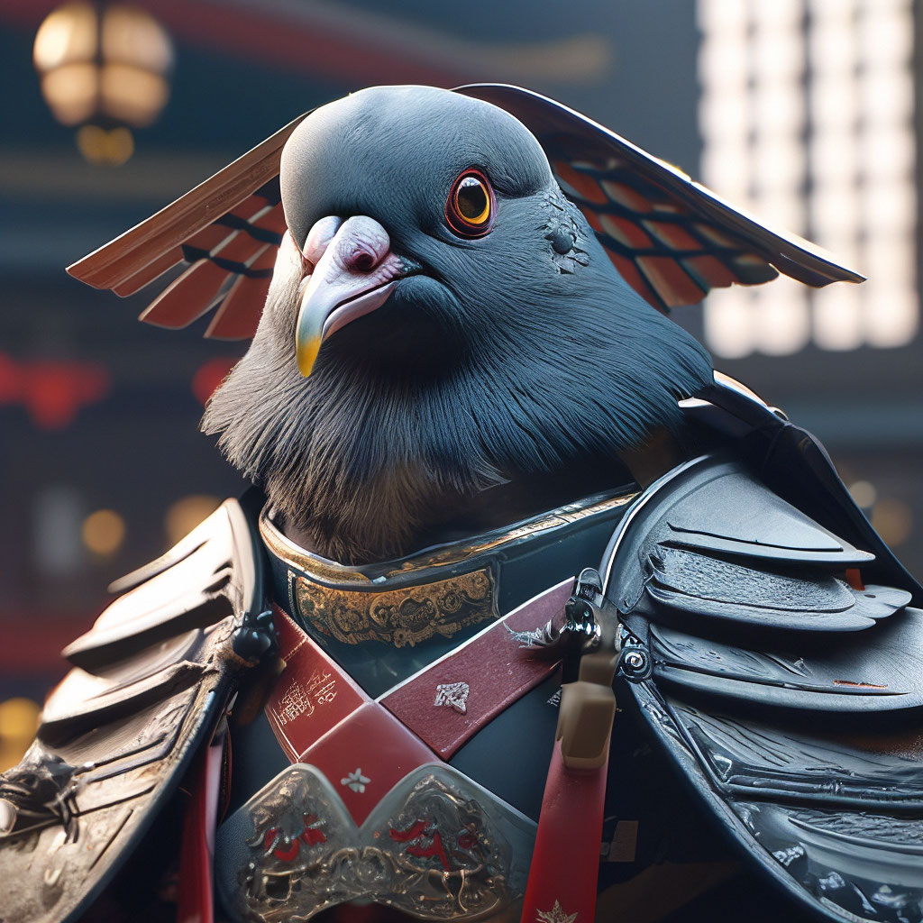 "Pigeon in a samurai costume, gothic, neoclassical, elegant, cinematic ...